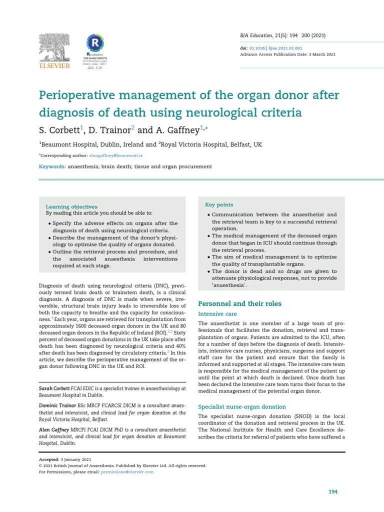 Perioperative Management of The Organ Donor After Diagnosis of Death Using Neurological Criteria ...