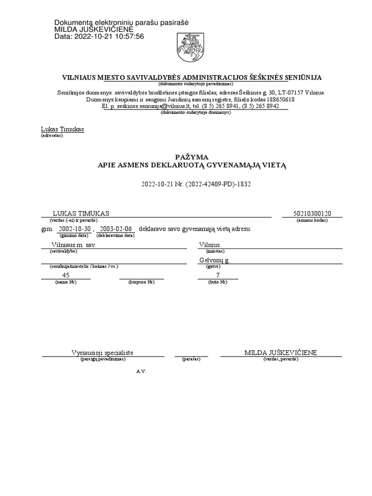 Pažyma Apie Asmens Deklaruotą Gyvenamąją Vietą: Vilniaus Miesto ...