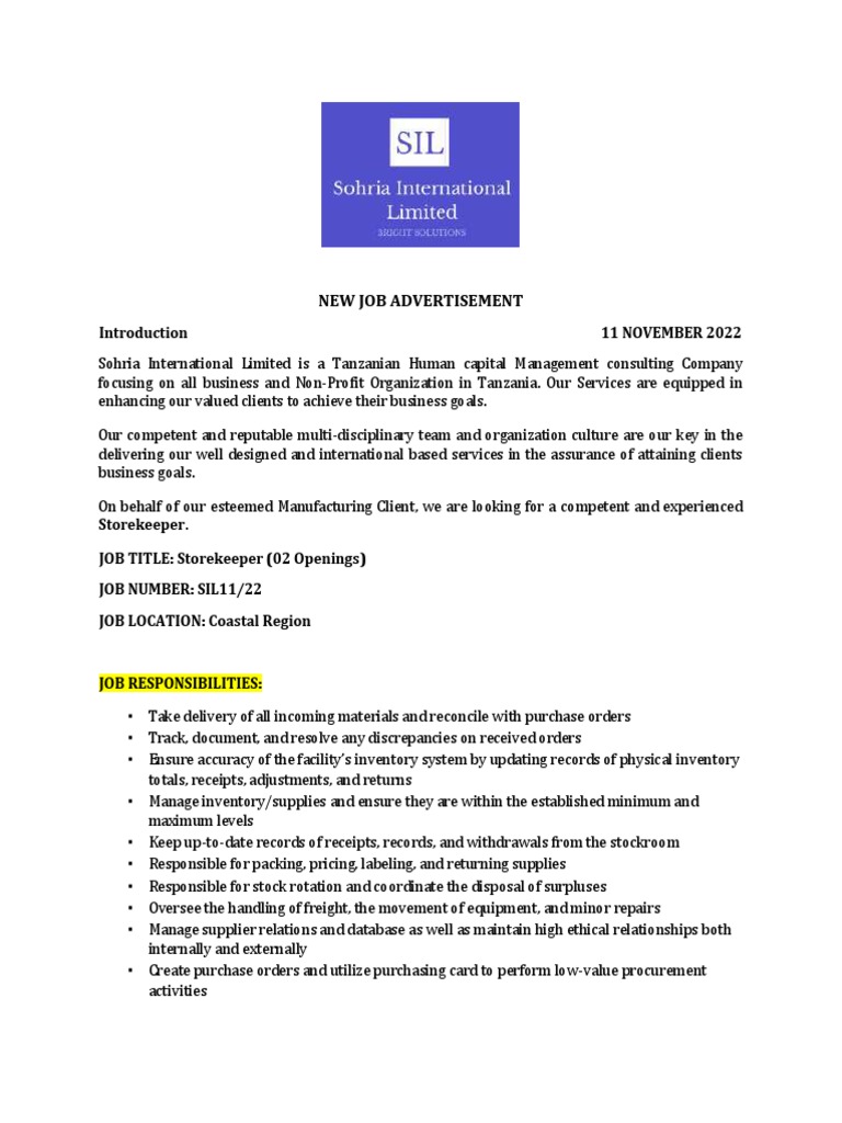 Sohria International Limited - Storekeeper | PDF | Inventory | Procurement