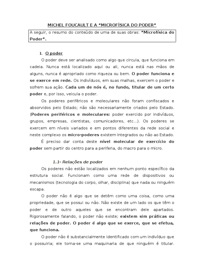 Resumo - A Microfísica Do Poder | PDF | Poder (social e político) | Michel Foucault