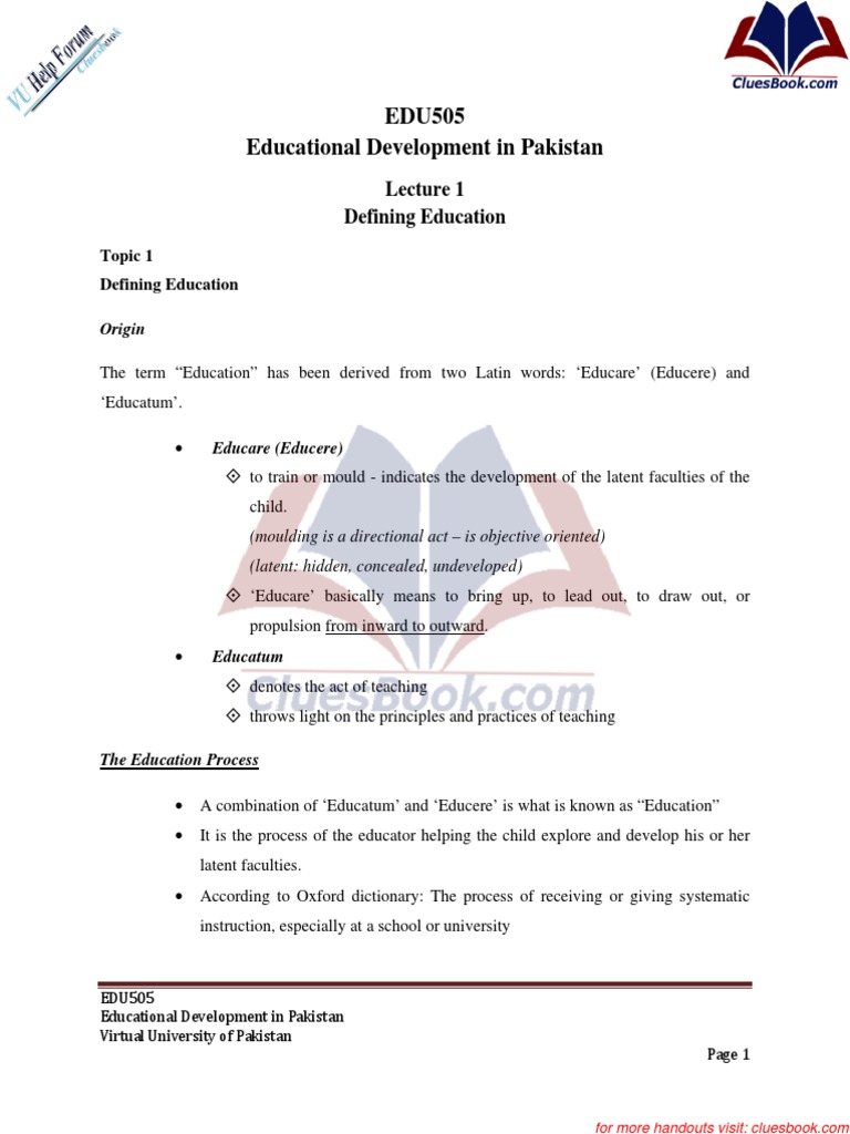 EDU505 Education Development in Pakistan Complete Handouts | PDF | Pragmatism | Idealism