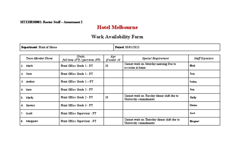 Work Availability Form Template | PDF