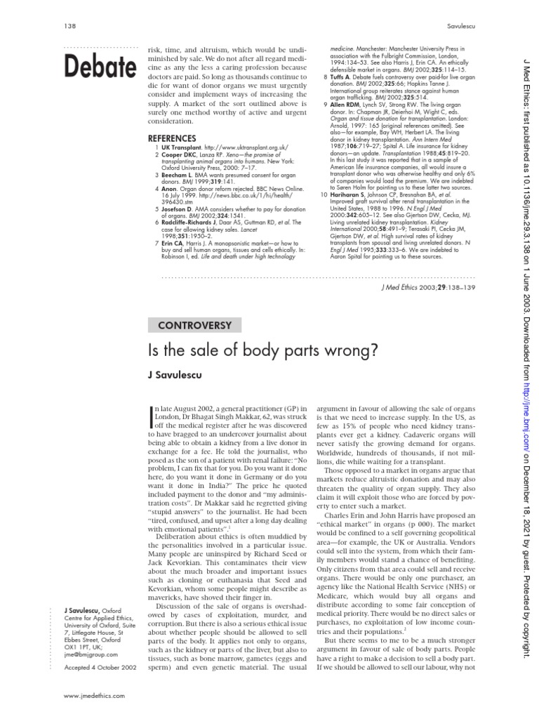 Savulescu - Is The Sale of Body Parts Wrong | PDF | Organ Donation ...