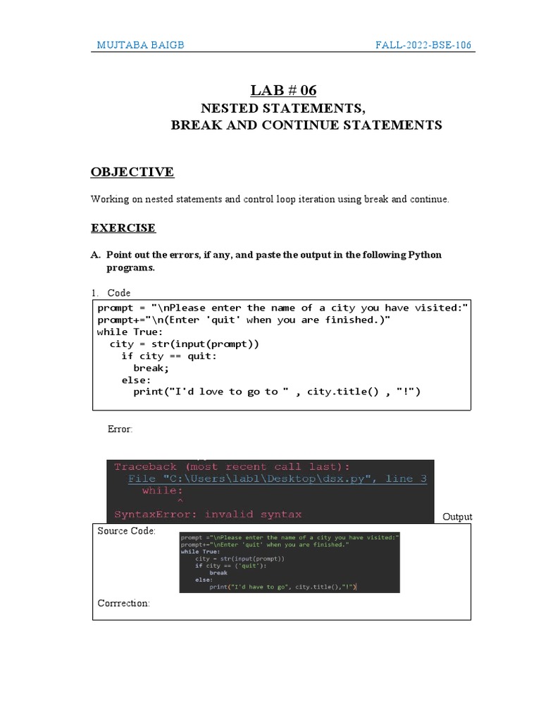Mujtaba Baig Lab 6 | PDF | Control Flow | Computer Programming