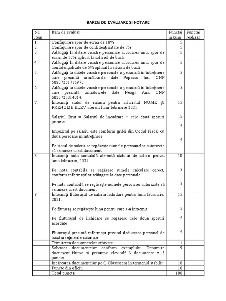 BAREM DE EVALUARE ŞI NOTARE - Fisa de Lucru - ELEVI | PDF