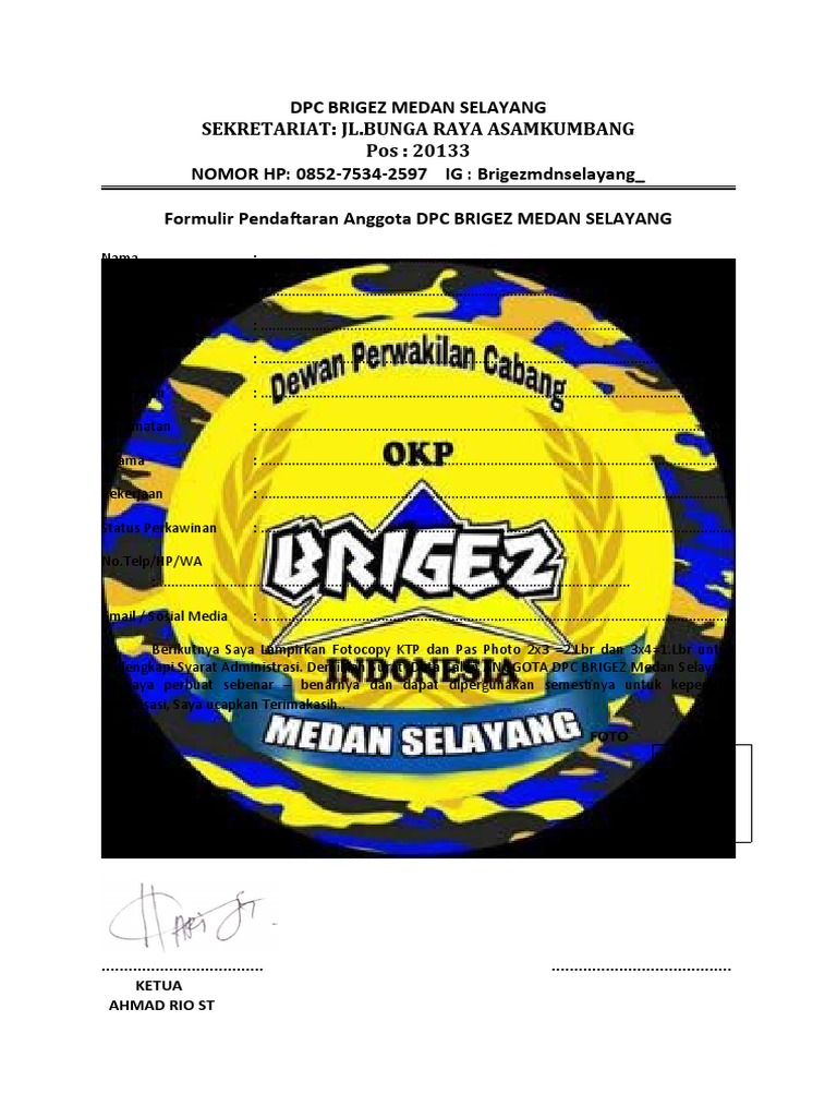 Formulir Anggota Brigez Medan | PDF | Griya & Taman