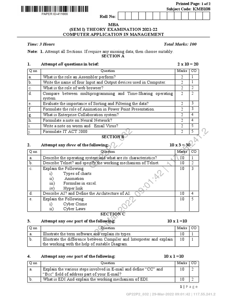 Mba 1 Sem Computer Application in Management Kmb108 2022 | PDF ...