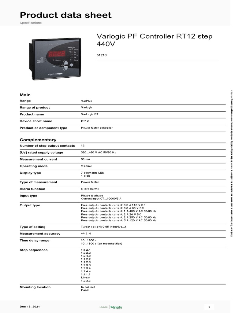 Varlogic RT12 PF Controller Specs | PDF | Alternating Current | Electricity
