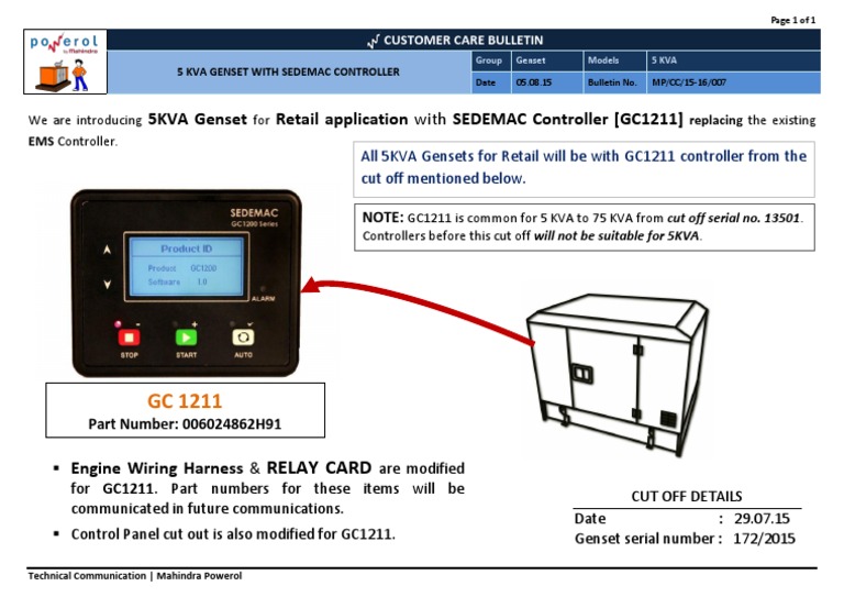 5KVA Genset: Retail Application With SEDEMAC Controller (GC1211) | PDF