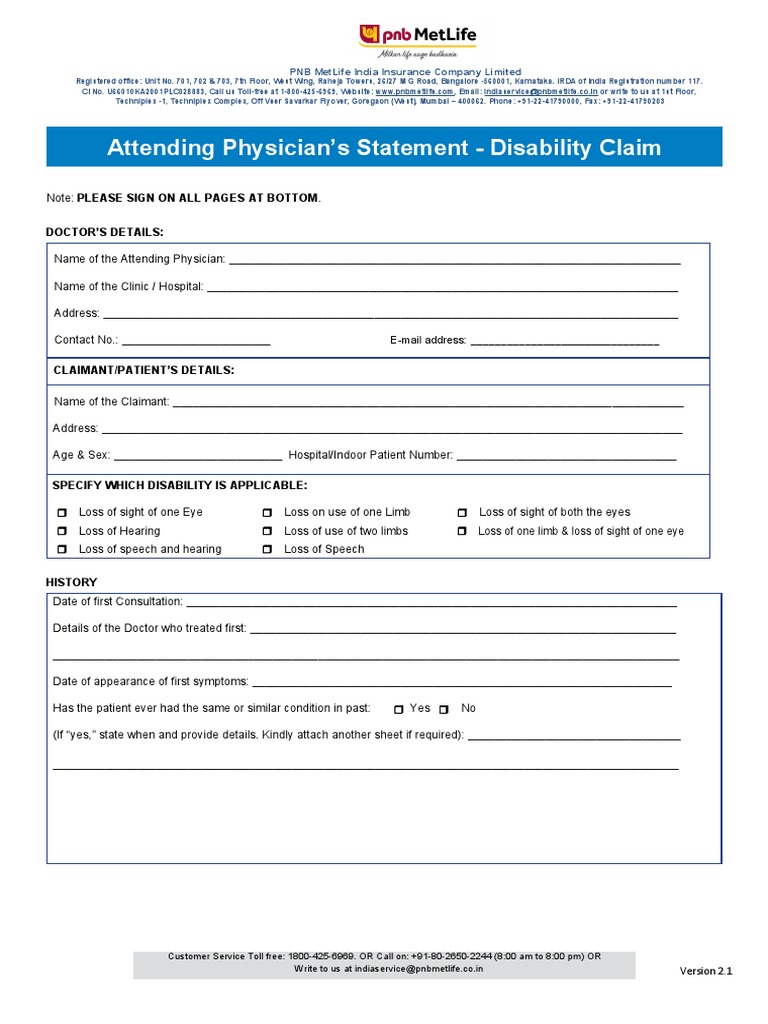 Attending Physician's Statement for Disability | PDF | Physical ...