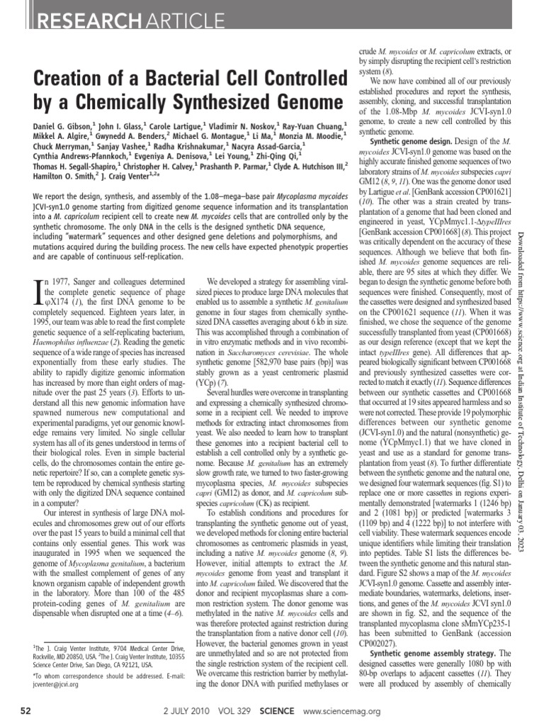 Science 2010 - Creation of A Bacterial Cell Controlled by A Chemically Synthesized Genome | PDF ...