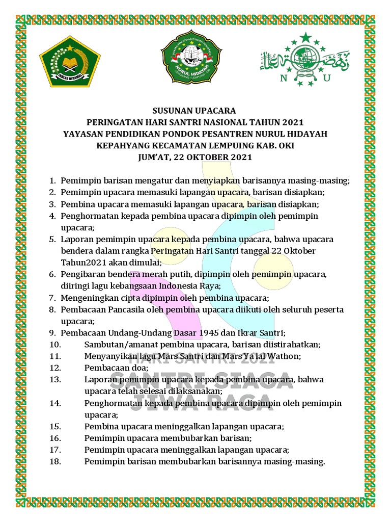 Susunan Upacara Hari Santri Nasional Tahun 2021 | PDF