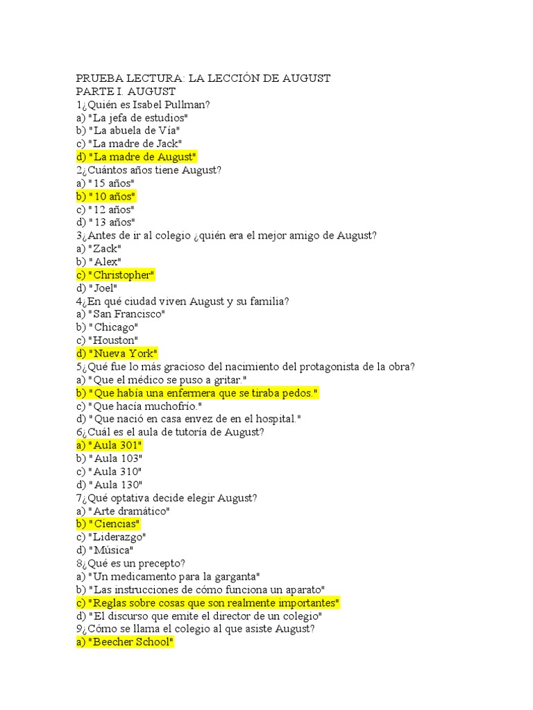 Prueba Lectura La Lección de August Answers | PDF