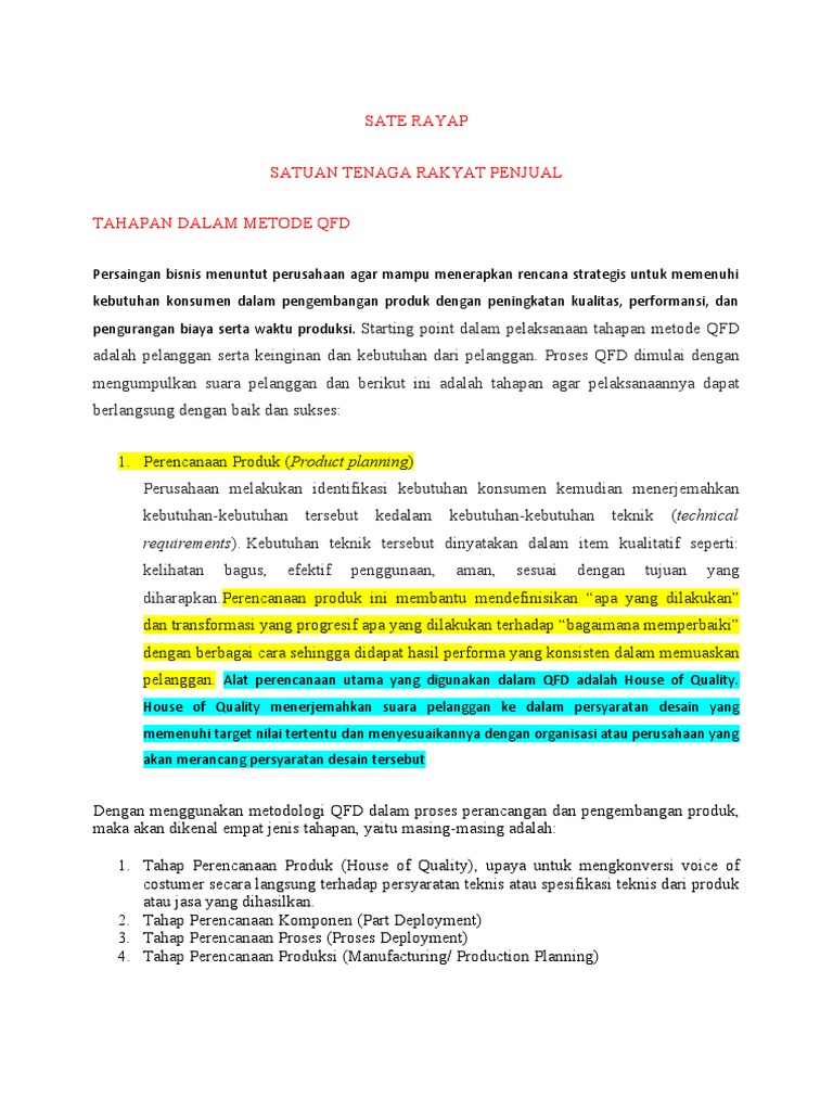 Tahapan Dalam Metode QFD | PDF
