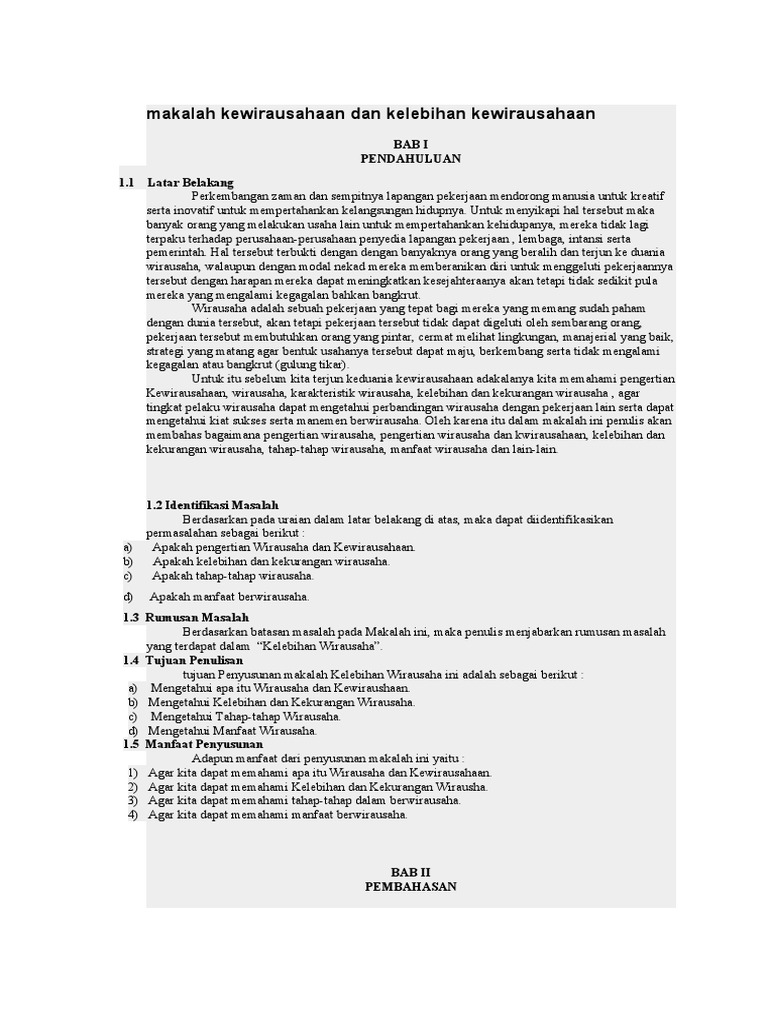 Makalah Kewirausahaan Dan Kelebihan Kewirausahaan | PDF