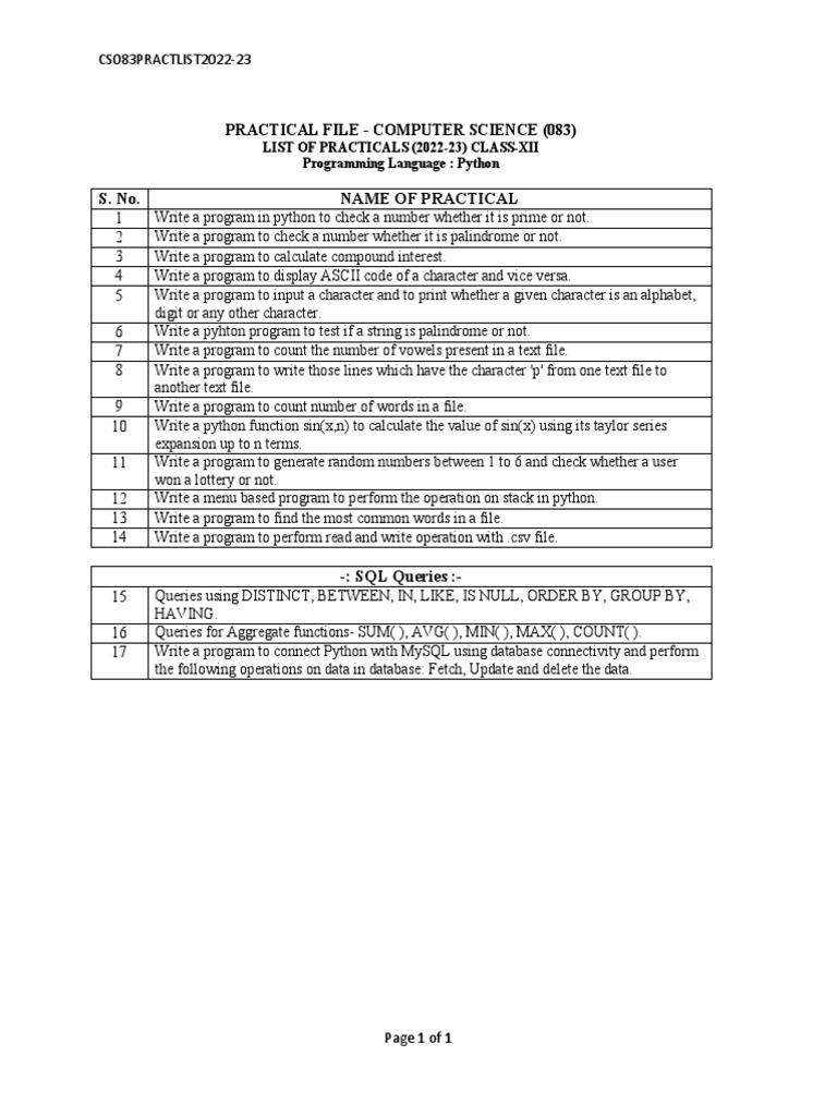 00 XII PRACTICAL FILE CS 2022-23 Python New 00 - 042024 | PDF