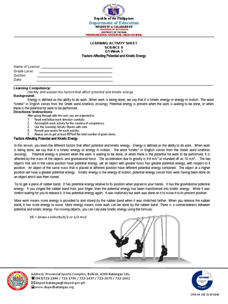 LAS SCIE8 Q1.Wk3 | PDF | Potential Energy | Kinetic Energy