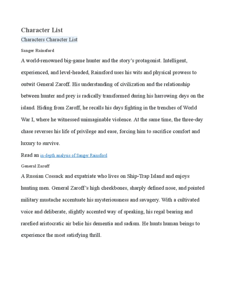 The Most Dangerous Game Characters | PDF