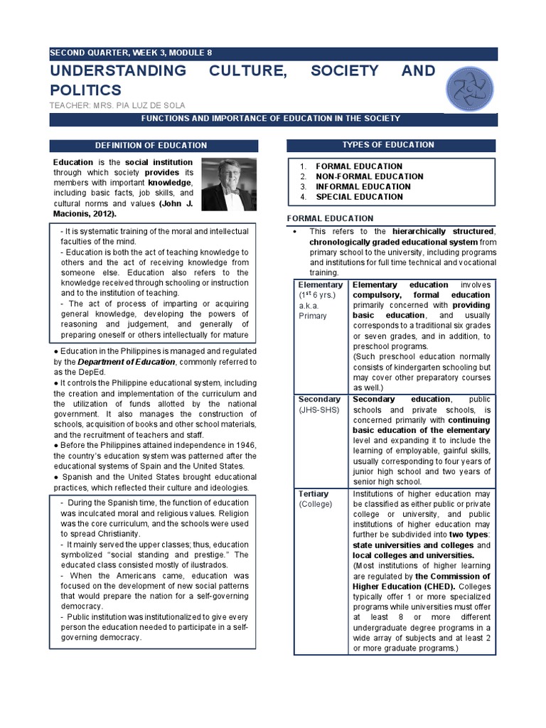 Reviewer Sa Edukasyon UCSP M8 FINAL | PDF | Schools