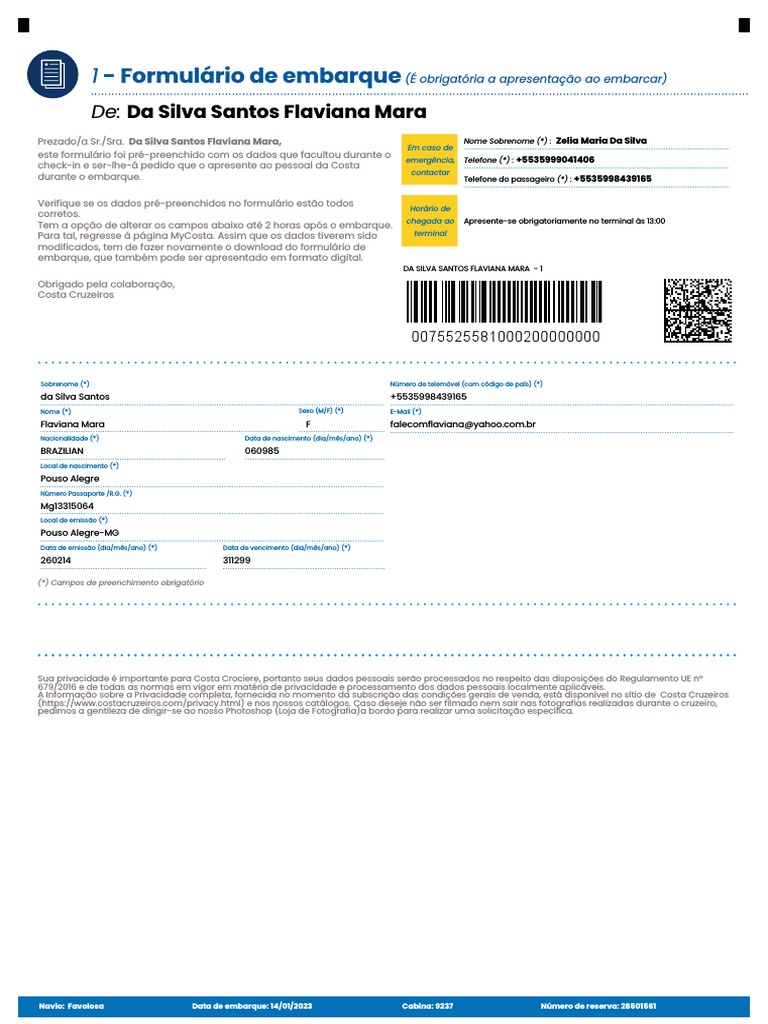 Formulário de embarque pré-preenchido para cruzeiro da Costa Cruzeiros contendo detalhes do ...