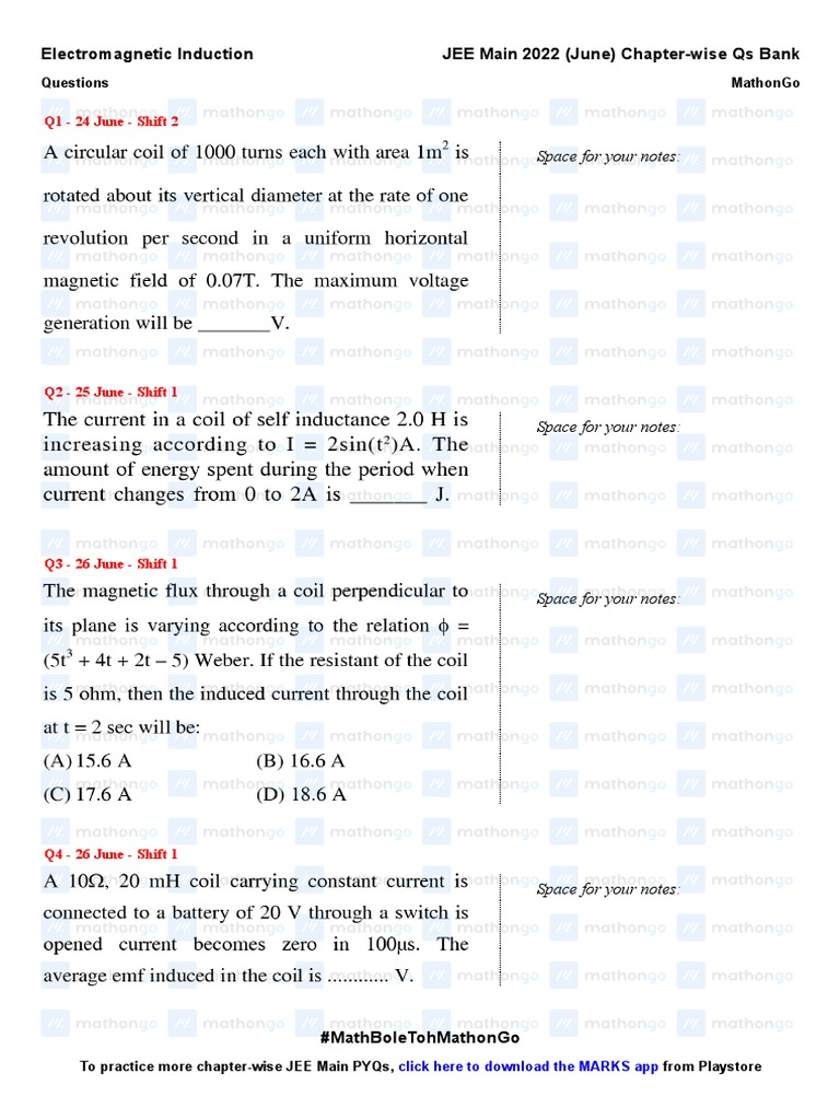 Electromagnetic Induction - JEE Main 2022 Chapter Wise Questions by MathonGo | PDF | Computers