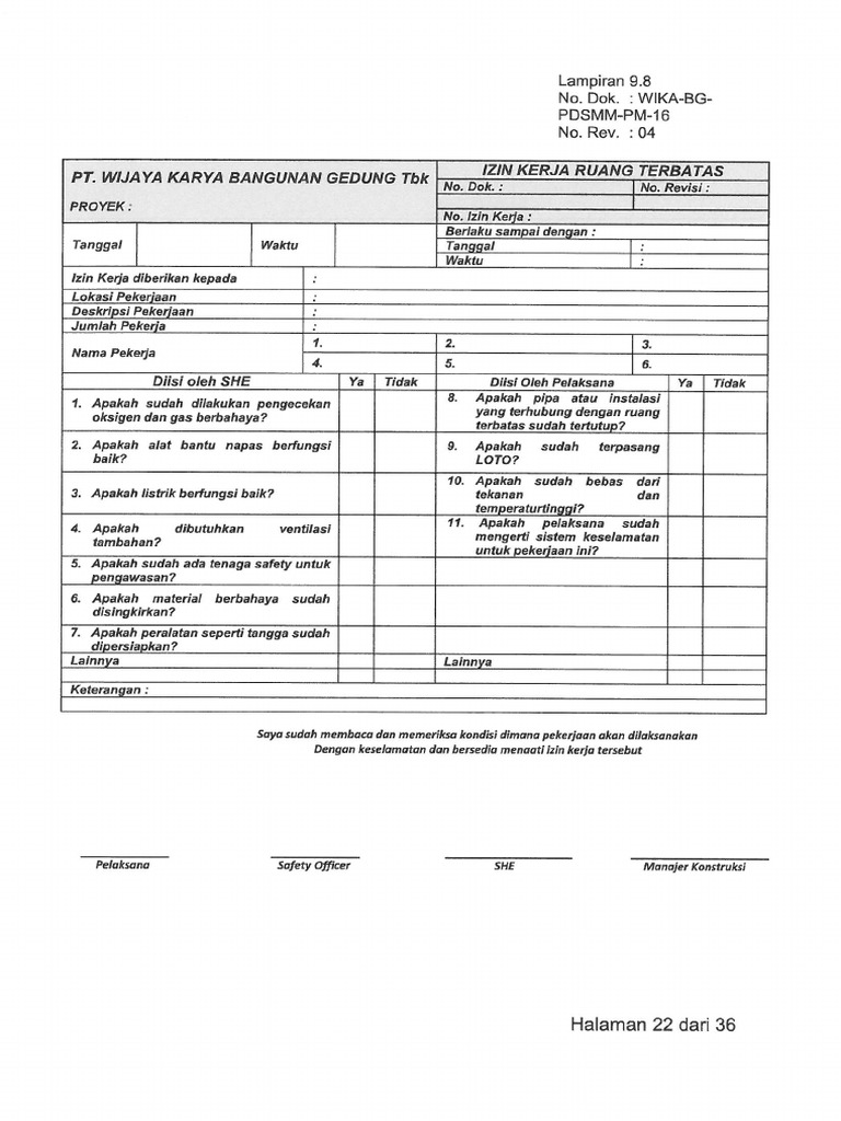 Izin Kerja Ruang Terbatas | PDF