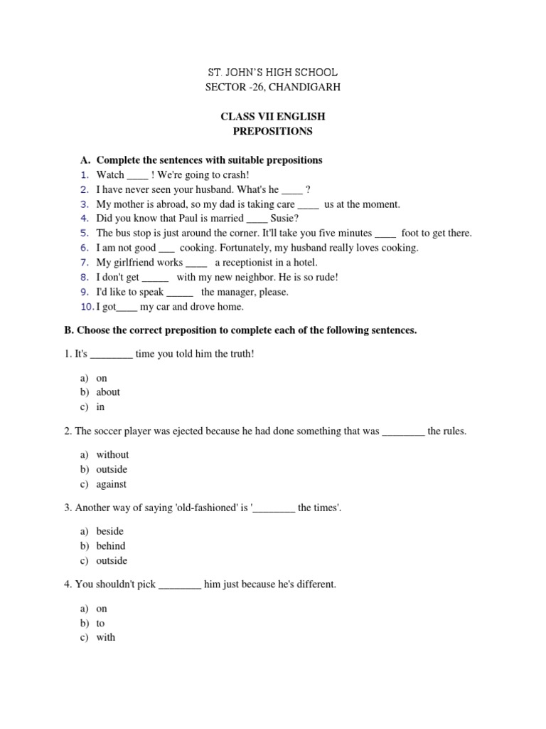 Class 7 English Grammar Prepositions | PDF