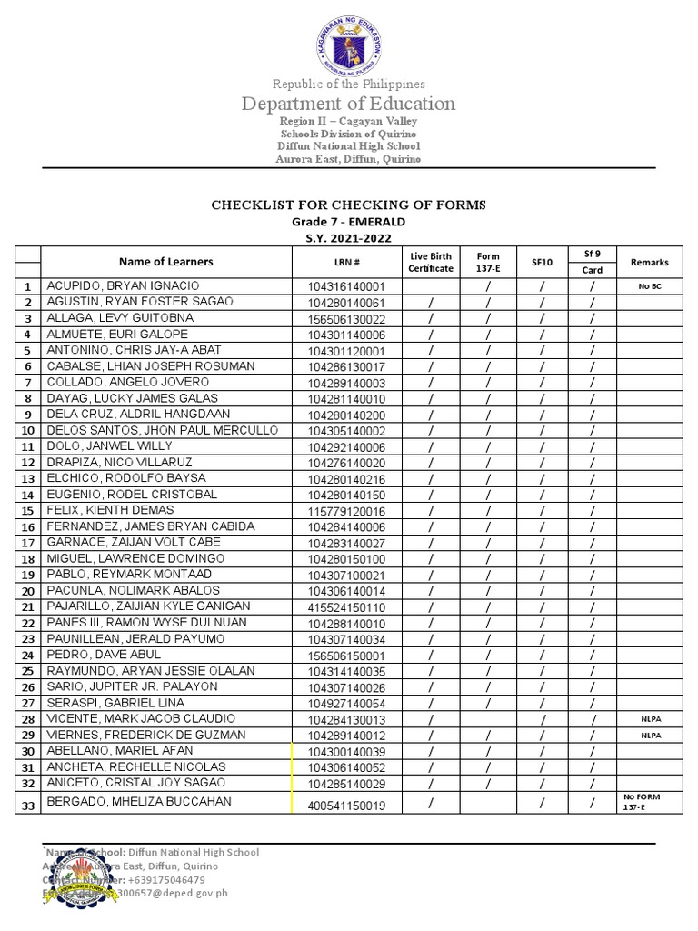Grade 7 Form Checklist - Diffun High School | PDF