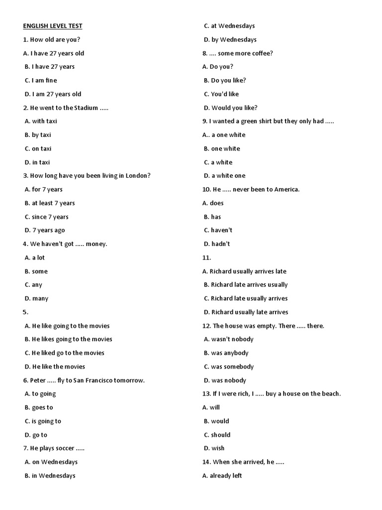 English Level Test Pdf