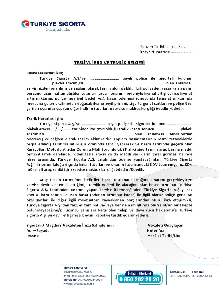 Turkiye Sigorta Teslim Ibra Ve Temlik | PDF