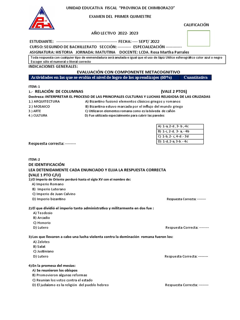 Examen de Historia 2do Bachillerato 2022-2023 | PDF