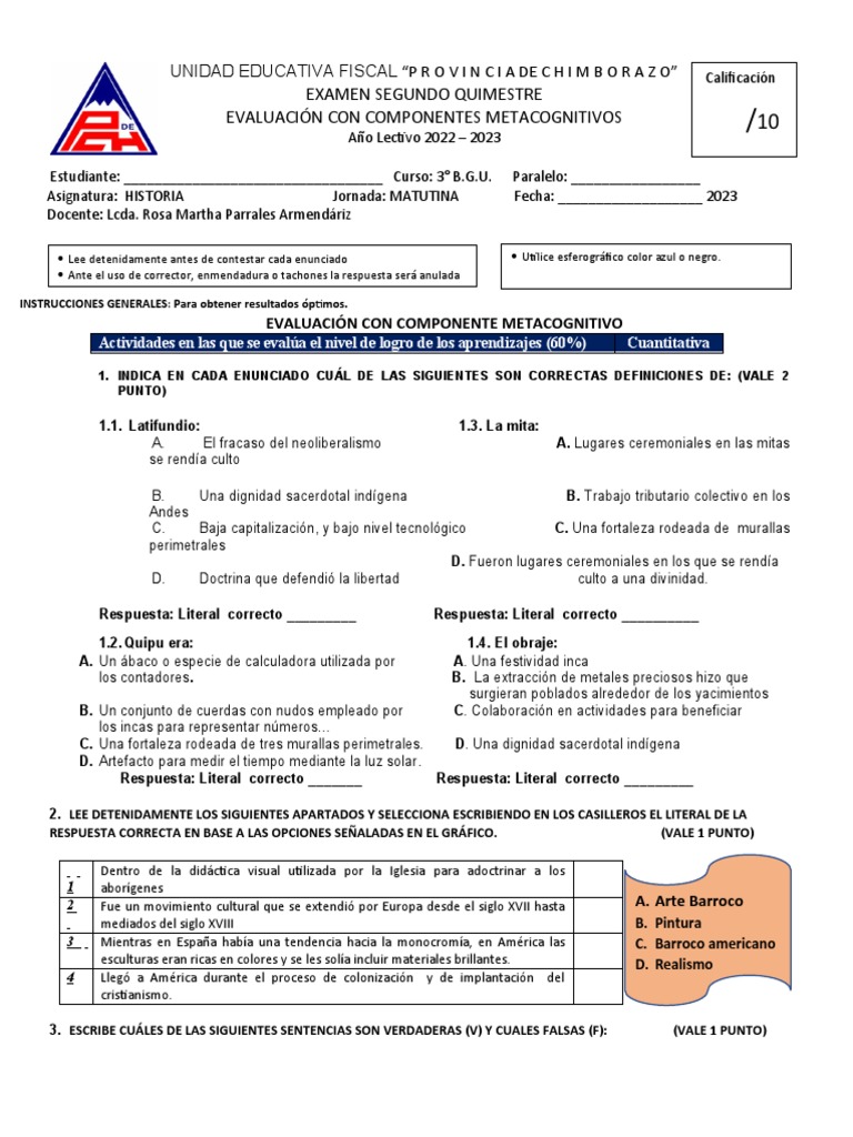 EXAMEN - HIST-3ERO-2do Quimestre | PDF