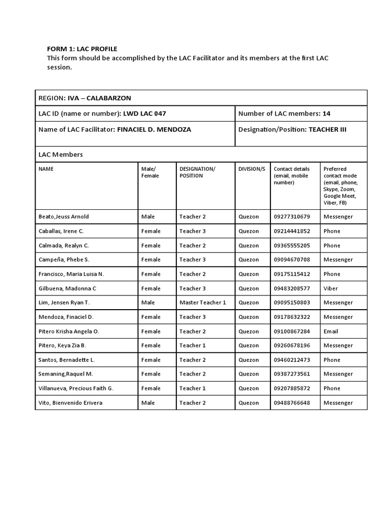 Form 1. LAC Profile | PDF