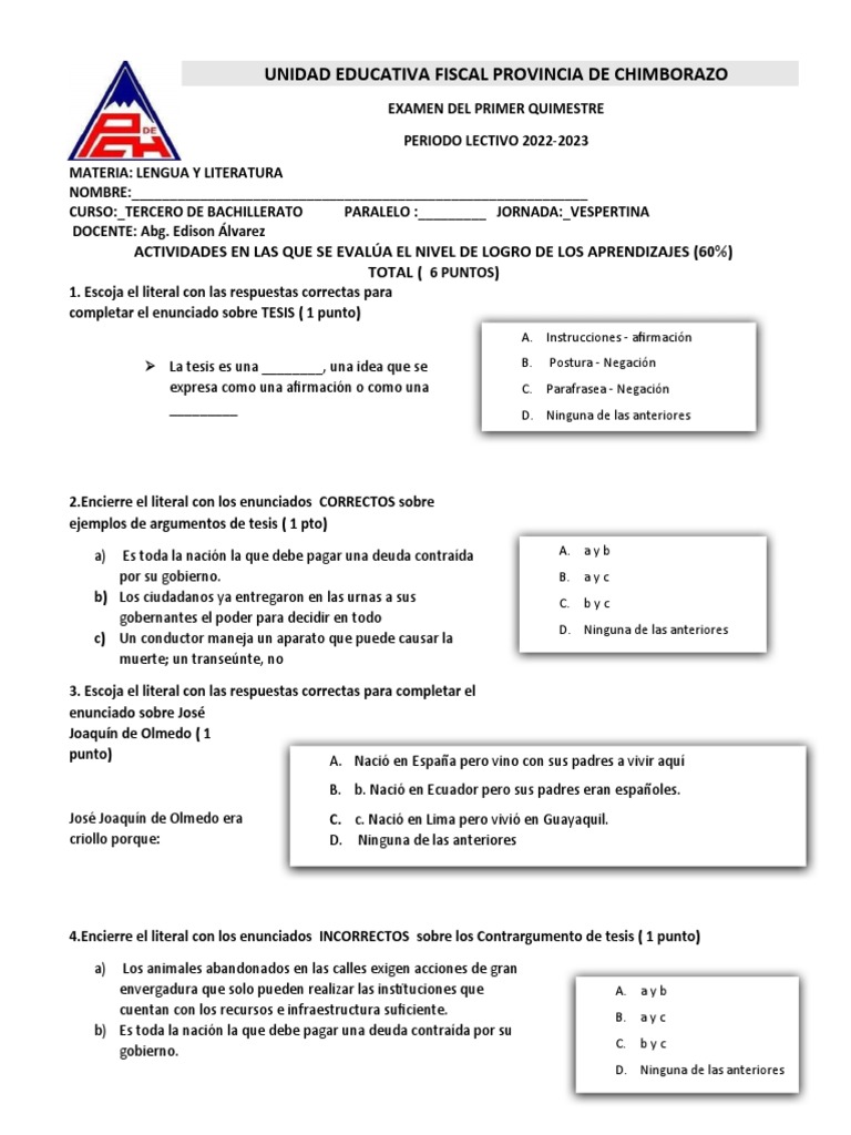 Examen TERCERO BACHILLERATO | PDF