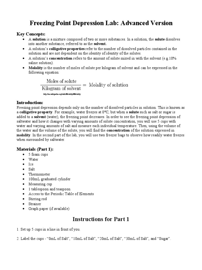 Freezing Point Depression Lab - Advanced Version | Solution | Molar ...