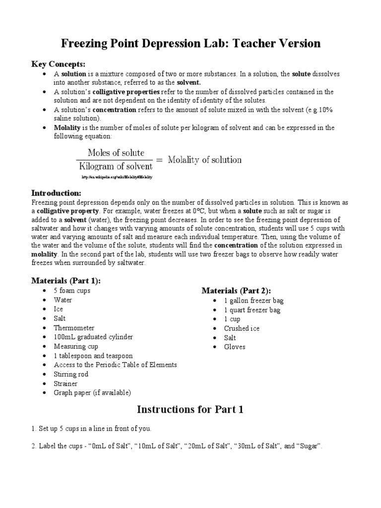 Freezing Point Depression Lab - Teacher Version | PDF | Solution ...