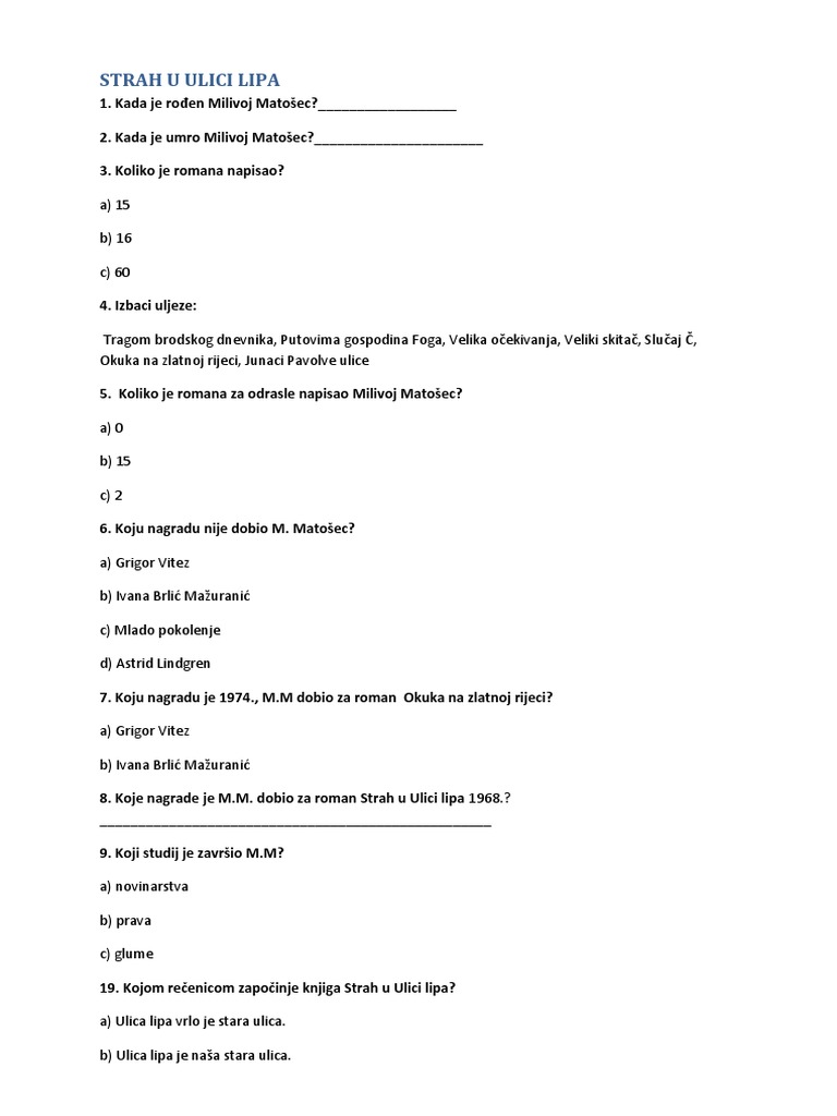 STRAH U ULICI LIPA - Pitanja I Odgovori | PDF