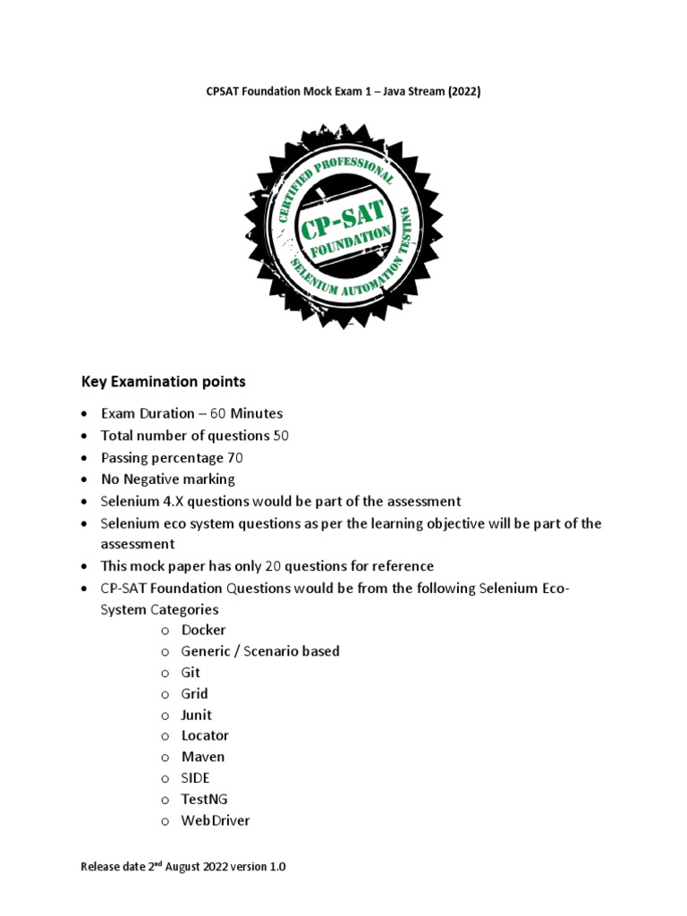 CPSAT Foundation Mock Exam 1 - Java Stream | PDF | Selenium (Software ...