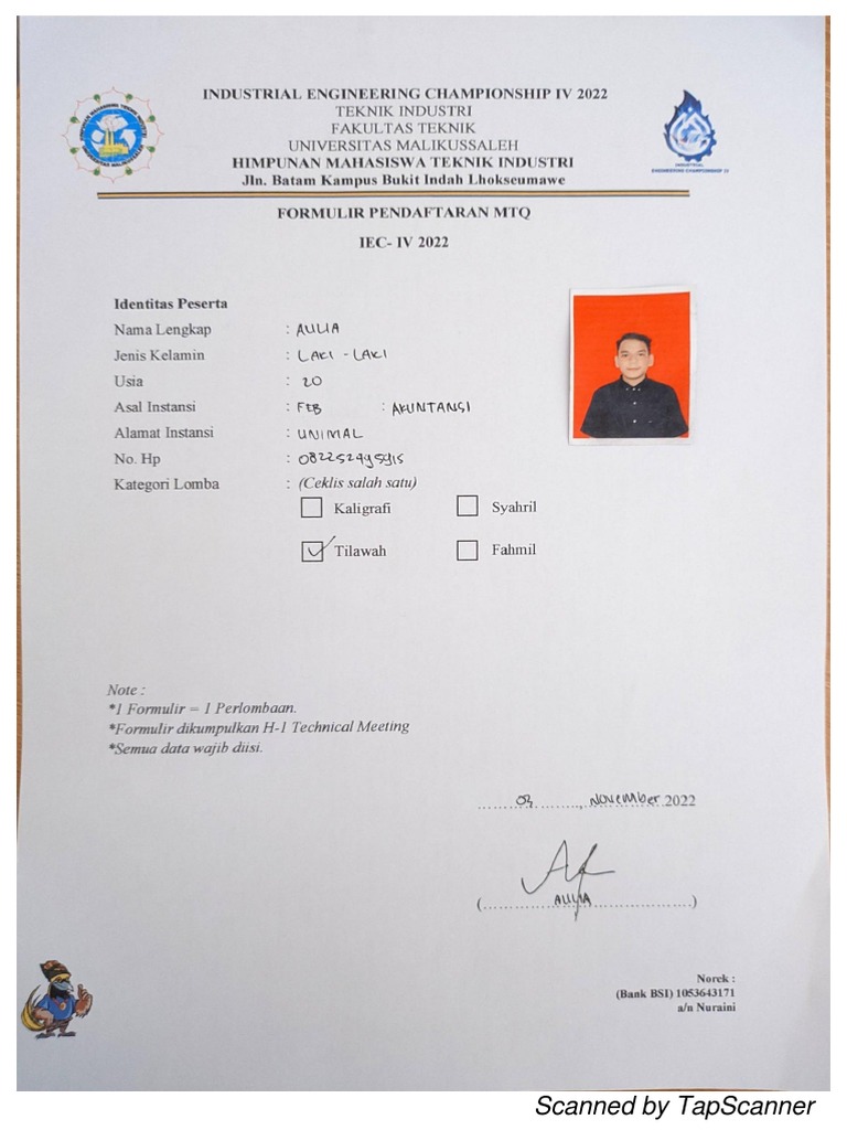 Formulir Pendaftaran MTQ | PDF