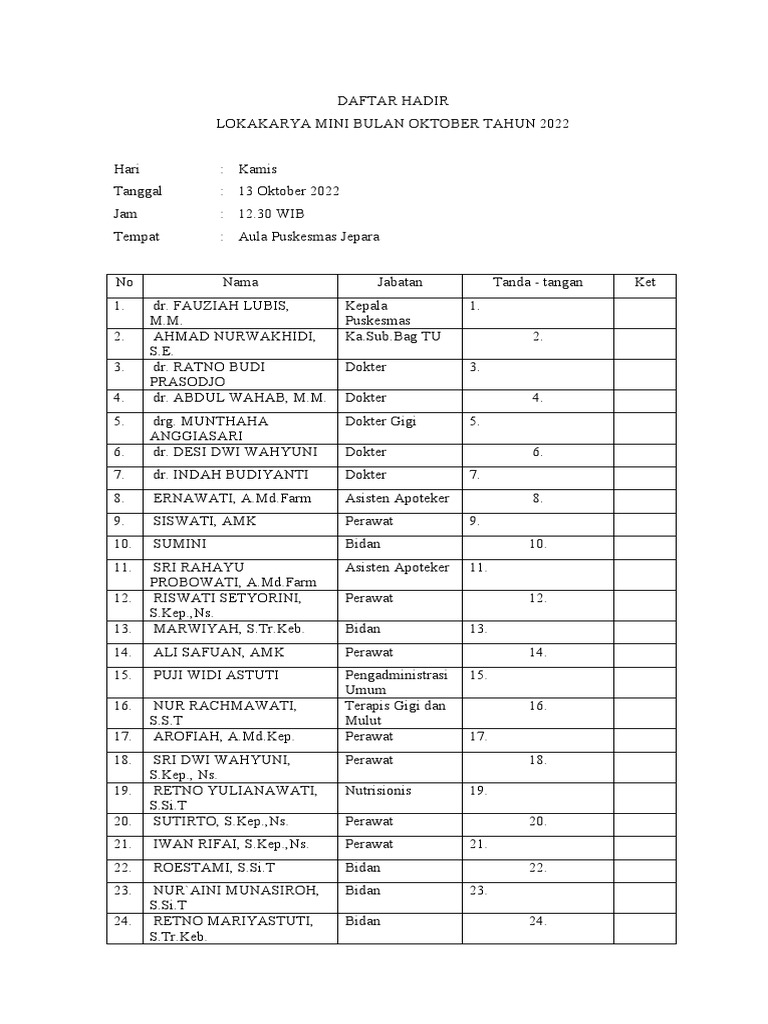 Format Daftar Hadir Pertemuan Tanpa Kop Surat | PDF