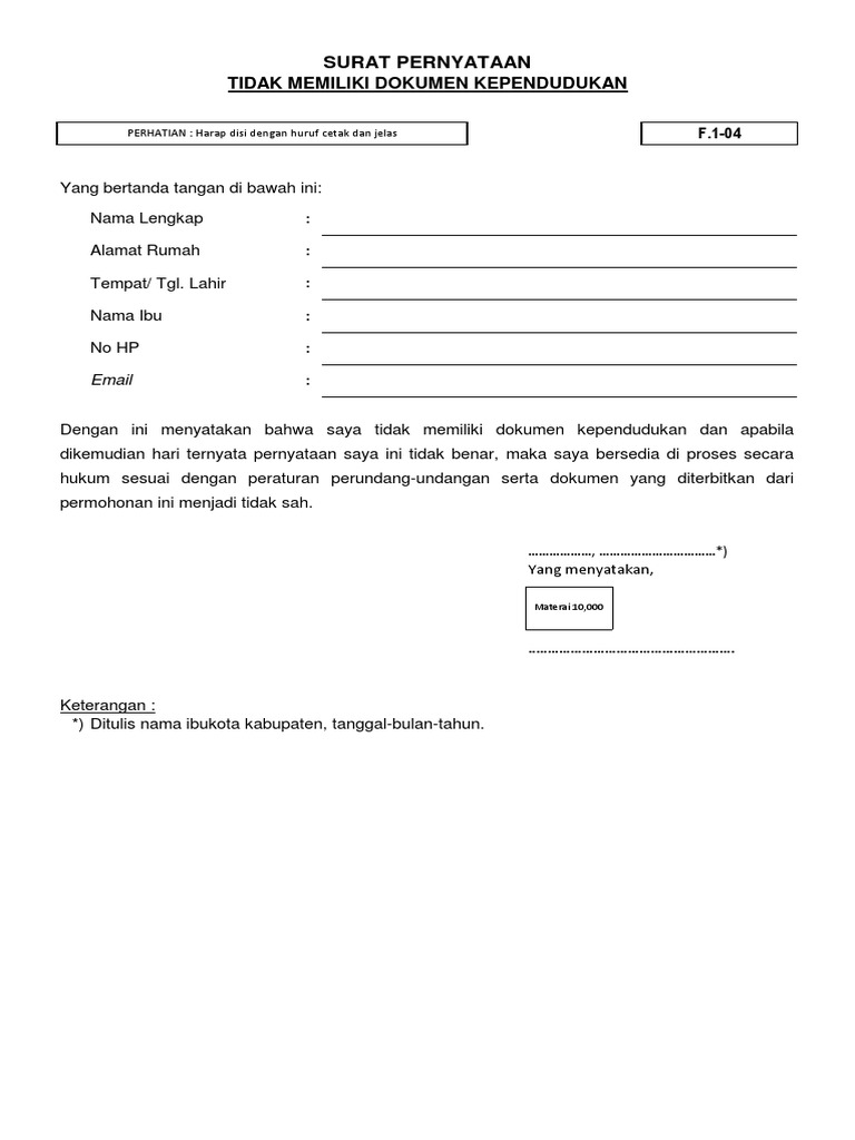 F1.04 Surat Pernyataan TDK Memiliki Dok Kependudukan | PDF