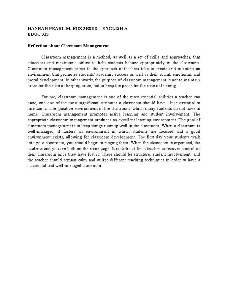 Reflection About Classroom Management | PDF | Career & Growth