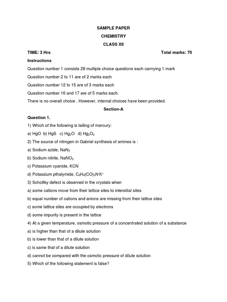 Sample Paper +2 Chemistry 2022-23 | PDF | Chemical Reactions | Chloride