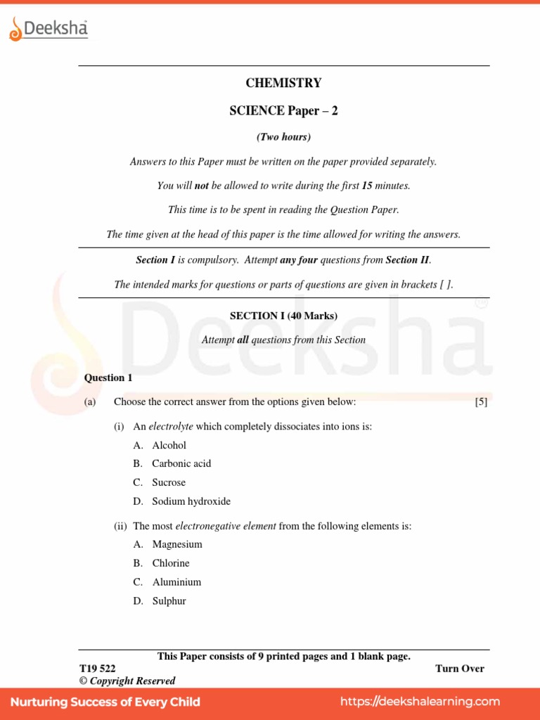 ICSE Class 10 Chemistry Question Paper 2019 | PDF | Chlorine | Sodium