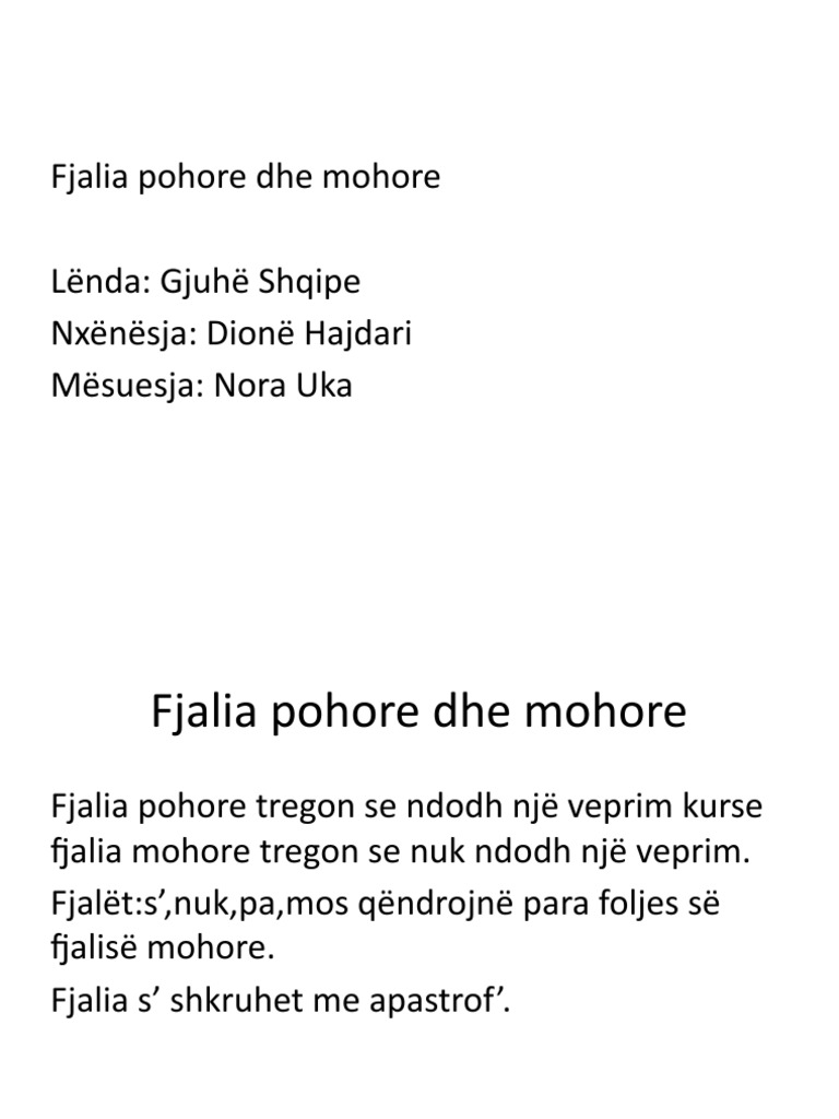Fjalia Pohore Dhe Mohore | PDF