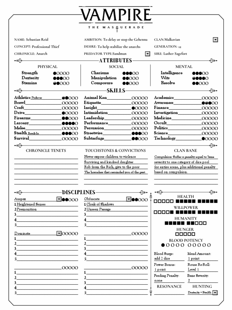 Sebastian Reid - VTM Character Sheet | PDF