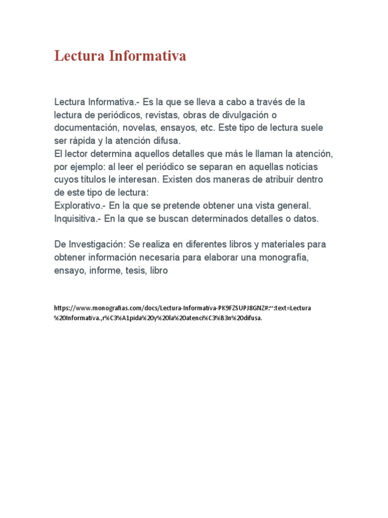 Tipos de lectura informativa: explorativa e inquisitiva | PDF