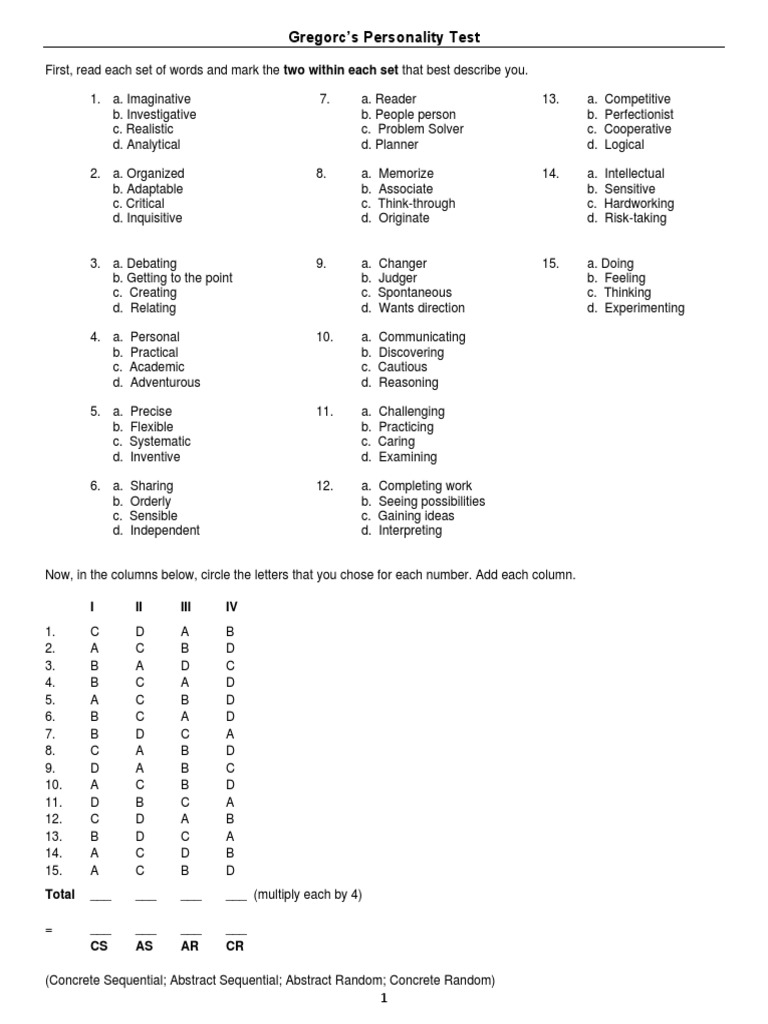 Gregorc's Personality Test | PDF | Cognition | Cognitive Science