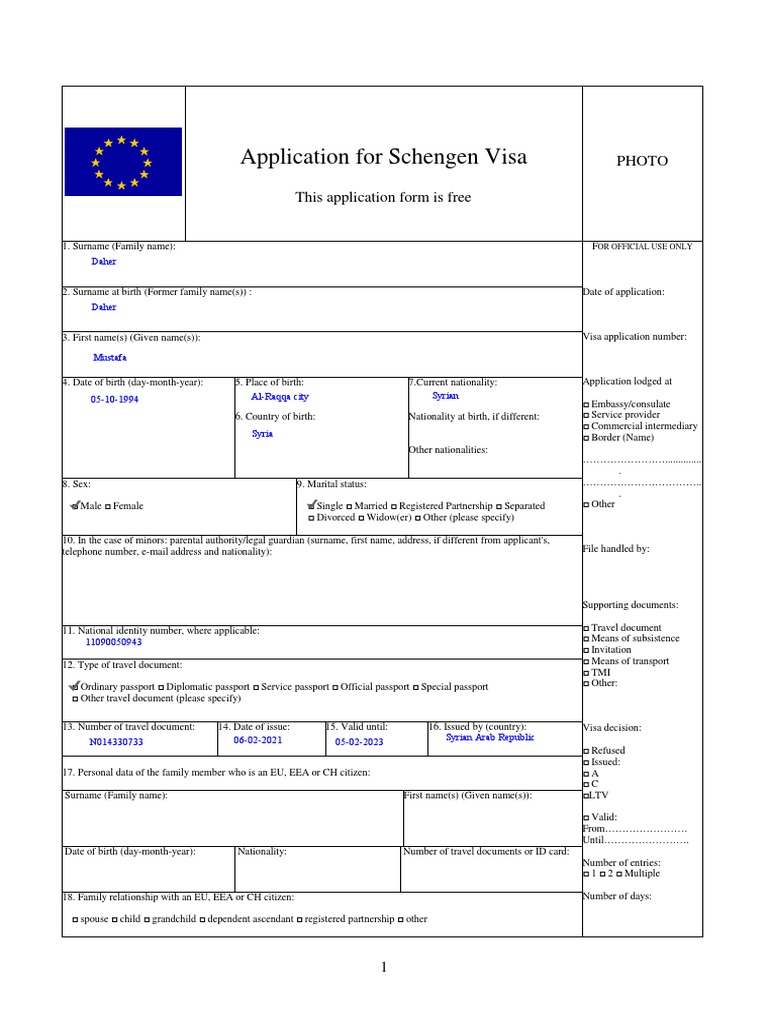 Schengen - Visa - Application - Form - Mustafa Daher | PDF | Travel ...