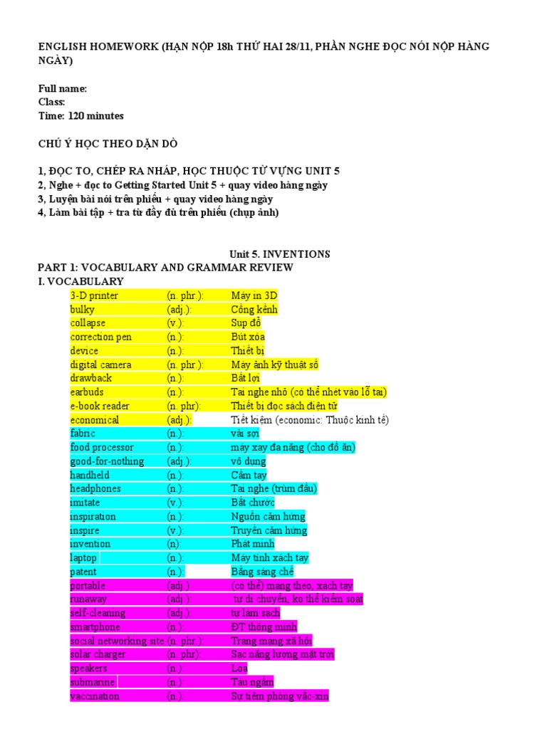 Bài CH A 1 Unit 5 Homework Không Làm Không Vào L P | PDF